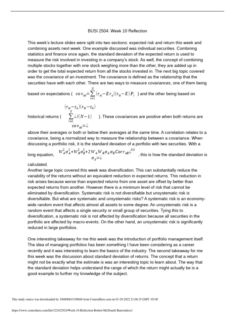 Week 10 Reflection Robert McDonell Barresi | PDF | Risk | Diversification (Finance)
