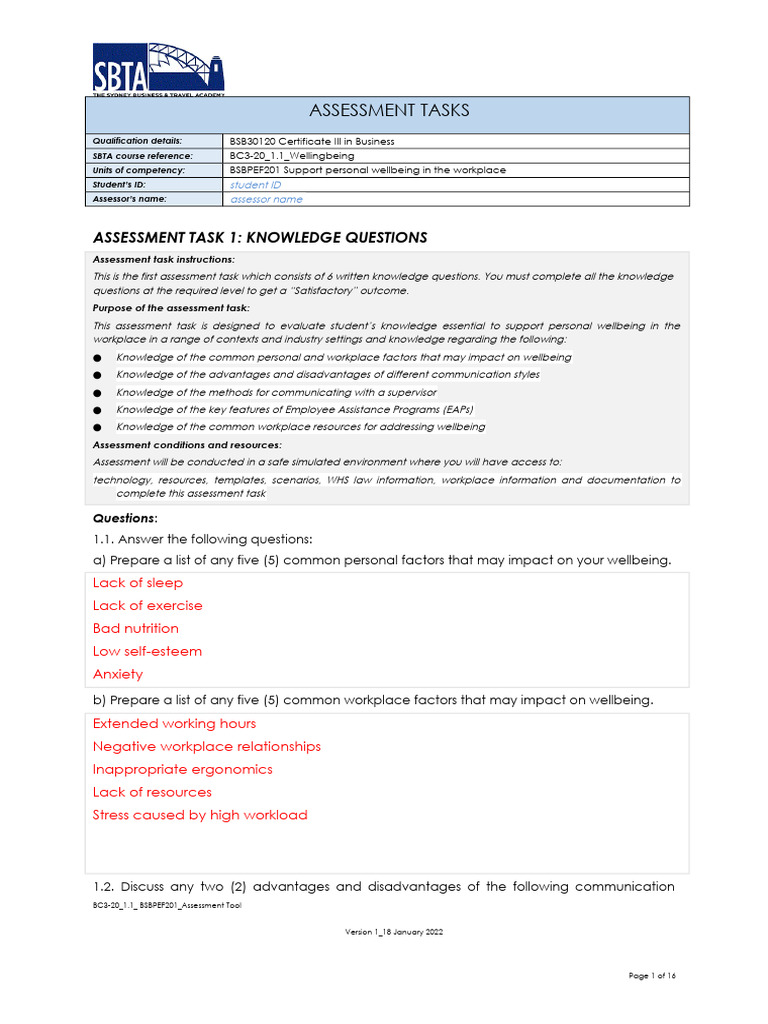 BC3 20 1.1 BSBPEF201 Student Assessment Arunee 1 | PDF