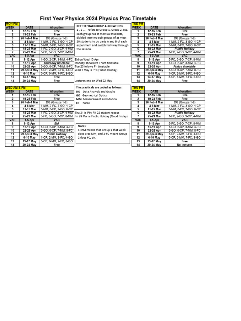 First Year Physics 2024 Prac Timetable | PDF