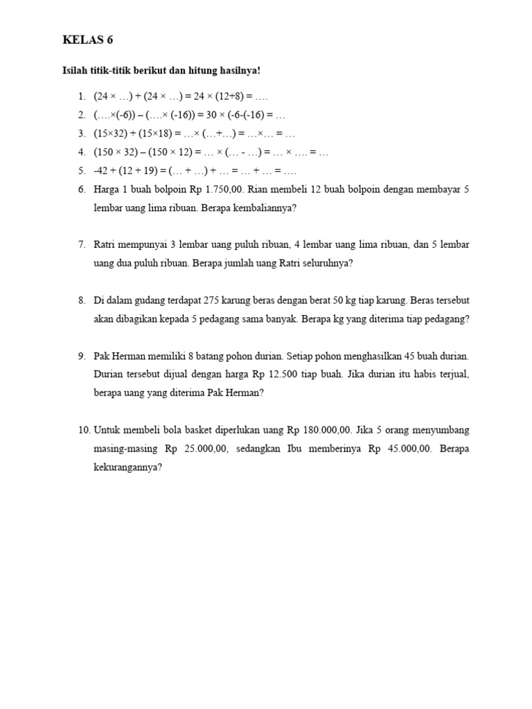 Kelas 6 - Les MTK | PDF