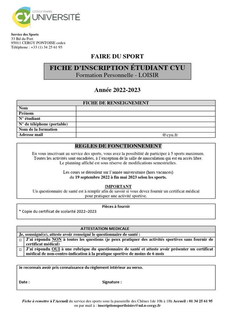 Fiche 2022-2023 LOISIR Etu CYU | PDF