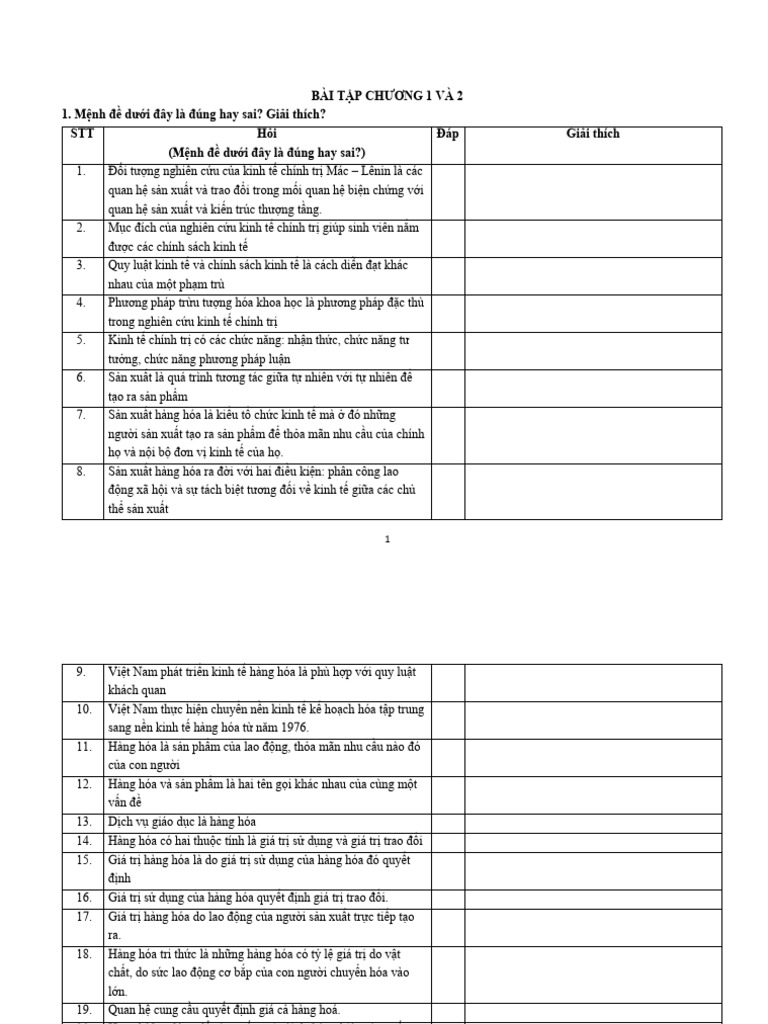 Bài tập chương 1 và 2 KTCT | PDF