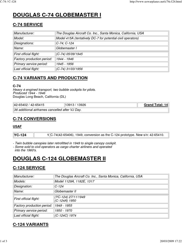 Douglas C-74 Globemaster I & C-124 | PDF | Monoplane | Douglas Aircraft ...