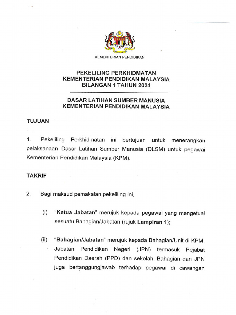 Pekeliling Perkhidmatan KPM Bil. 1 Tahun 2024 Dasar Latihan Sumber ...