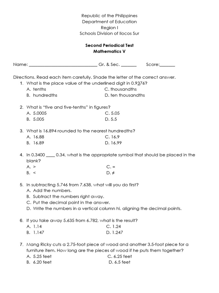 Second QE MATH-5 - FINAL | PDF