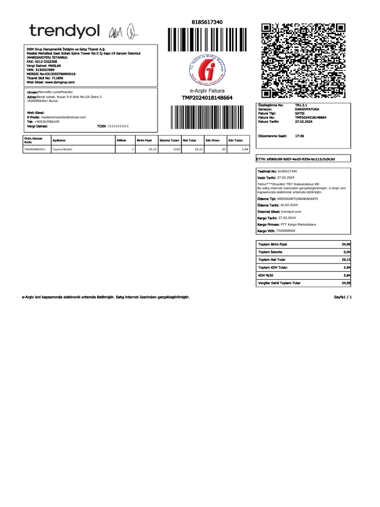 E-Arşiv Fatura: ETTN | PDF