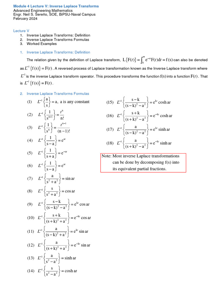 Inverse Laplace Transform Formulas | PDF | Laplace Transform | Applied ...