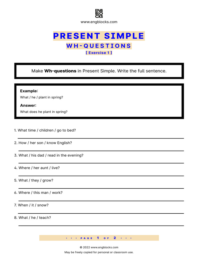 Present Simple WH Question Exercise 1 | PDF