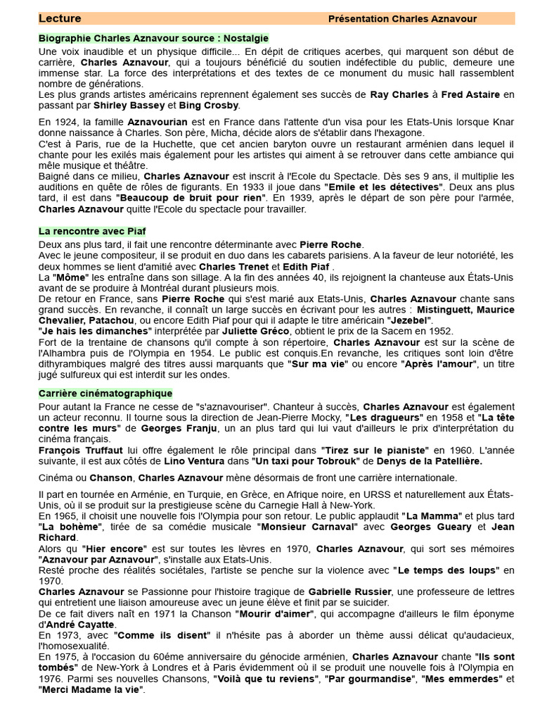 Lecture Présentation Charles Aznavour | PDF