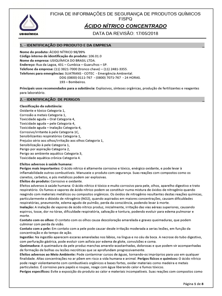 FISPQ - Cido N Trico Conc. 98 - Rev 02 2018 GHS | PDF | Ácido nítrico | Dióxido de nitrogênio