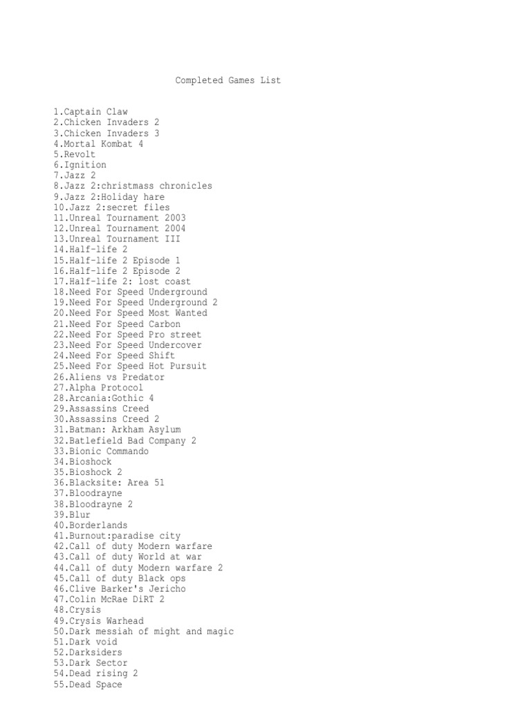 Completed Games Overview | PDF | Video Game Franchises | Video Games