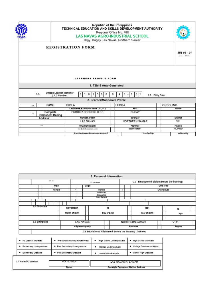 REGISTRATION FORM Sample | PDF