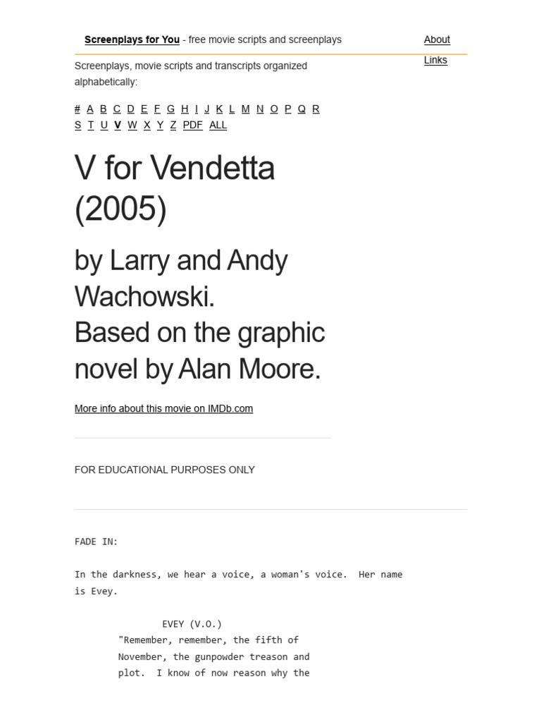 V For Vendetta (2005) Movie Script - Screenplays For You | PDF