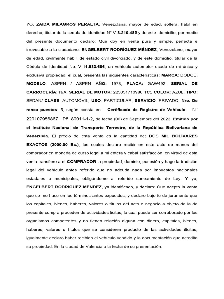 Compra Venta de Auto Dr. Engelbert Rodriguez | PDF