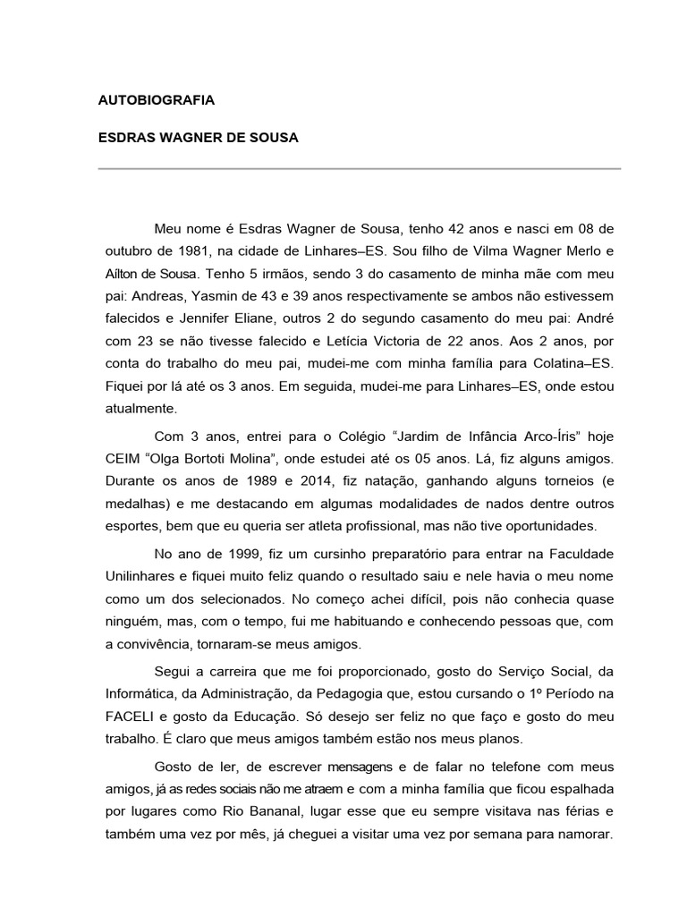 Avaliação Diagnóstica - AUTOBIOGRAFIA - Esdras Wagner de Sousa | PDF Avaliação Diagnóstica - AUTOBIOGRAFIA - Esdras Wagner de Sousa | PDF