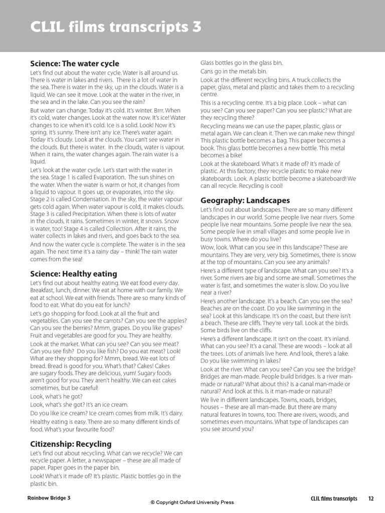 Rainbow Bridge 3 Clil Films Transcripts | PDF | Water | Water Cycle