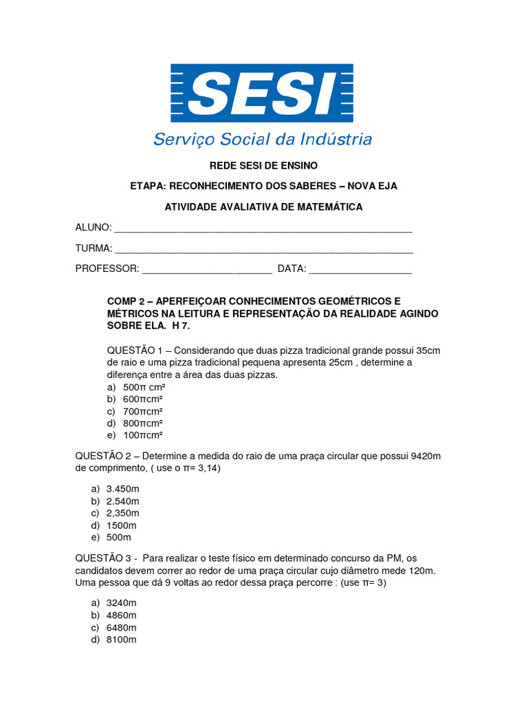 PROVA MODELO SESI-28 de Abril | PDF | Métodos e Materiais de Ensino