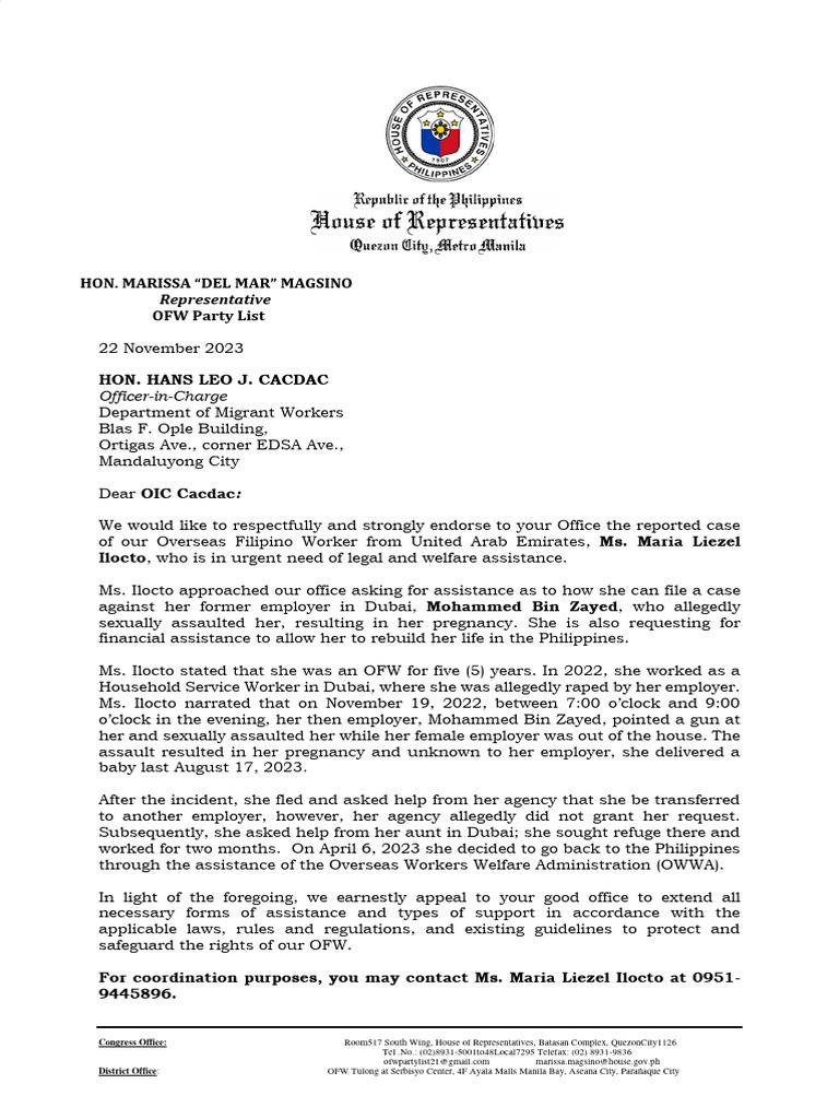 Representative: Hon. Marissa "Del Mar" Magsino OFW Party List | PDF | Philippines