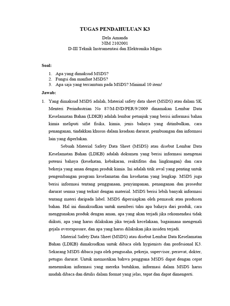 Tugas Pendahuluan K3 MSDS | PDF