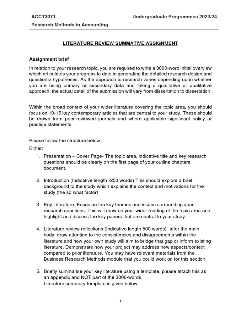 ACCT3071 Research Methods in Accounting Summative Assignment Literature Review Due 2nd February ...