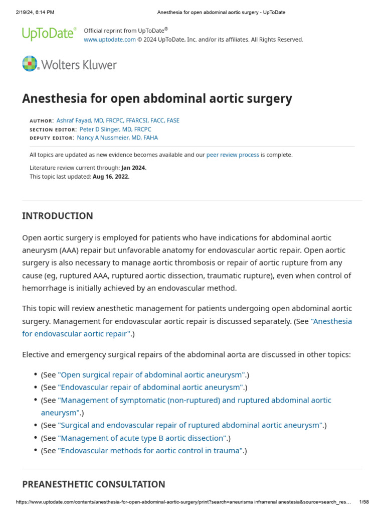 Anesthesia For Open Abdominal Aortic Surgery - UpToDate | PDF | Self ...