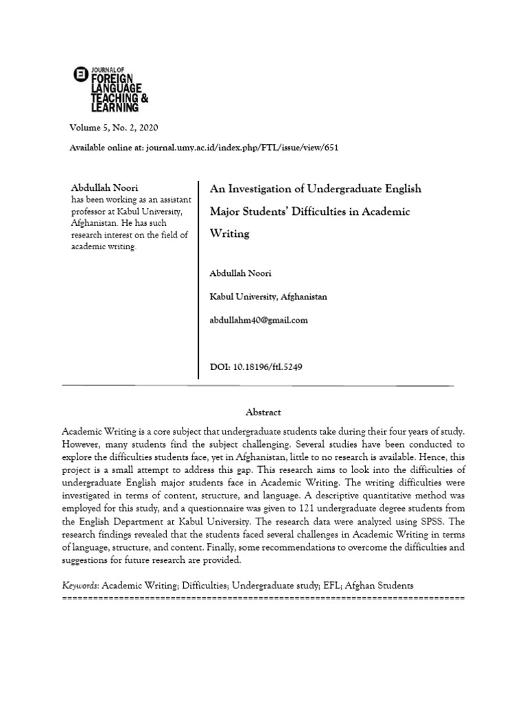 An Investigation of Undergraduate English Major Students' Difficulties in Academic Writing by ...