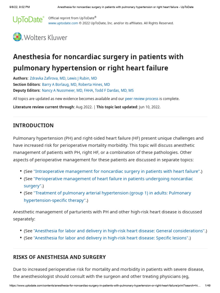Anesthesia For Noncardiac Surgery in Patients With Pulmonary ...
