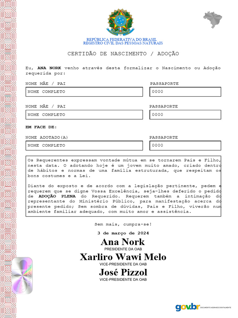 Certidao de Adocao OAB Paraisopolis 1 | PDF