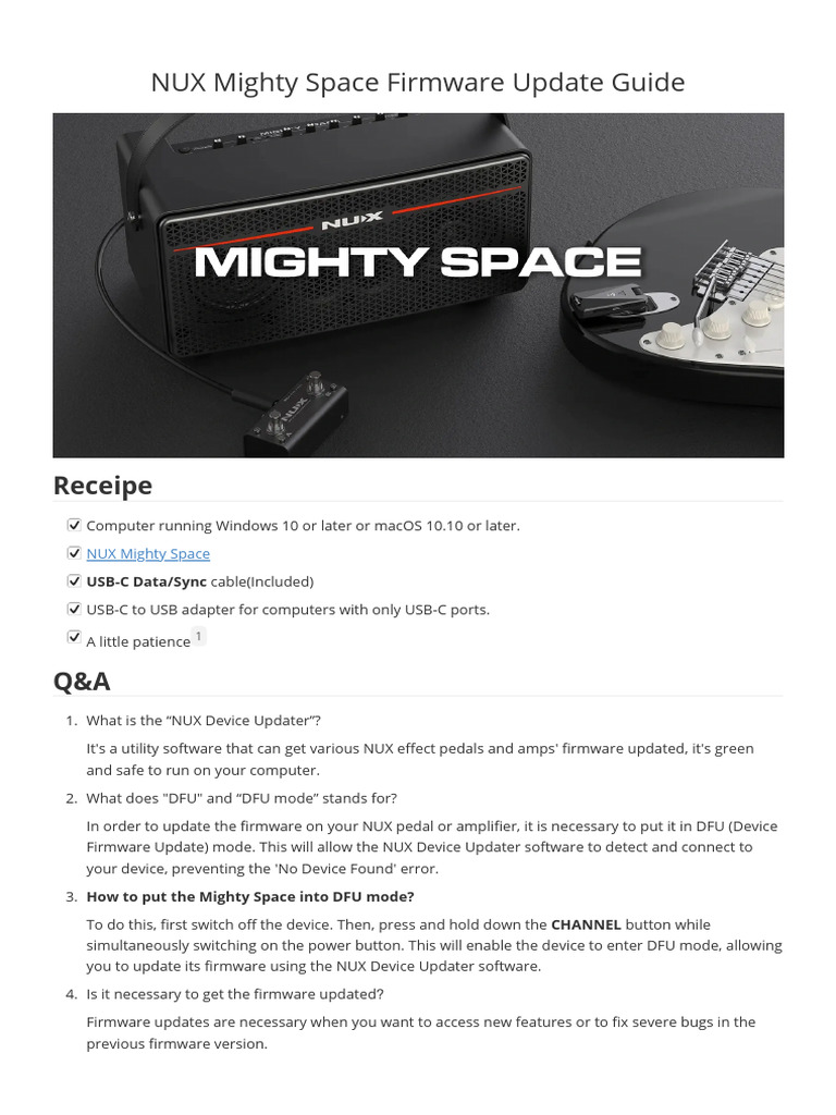 NUX MightySpace Firmware Update Guide | PDF