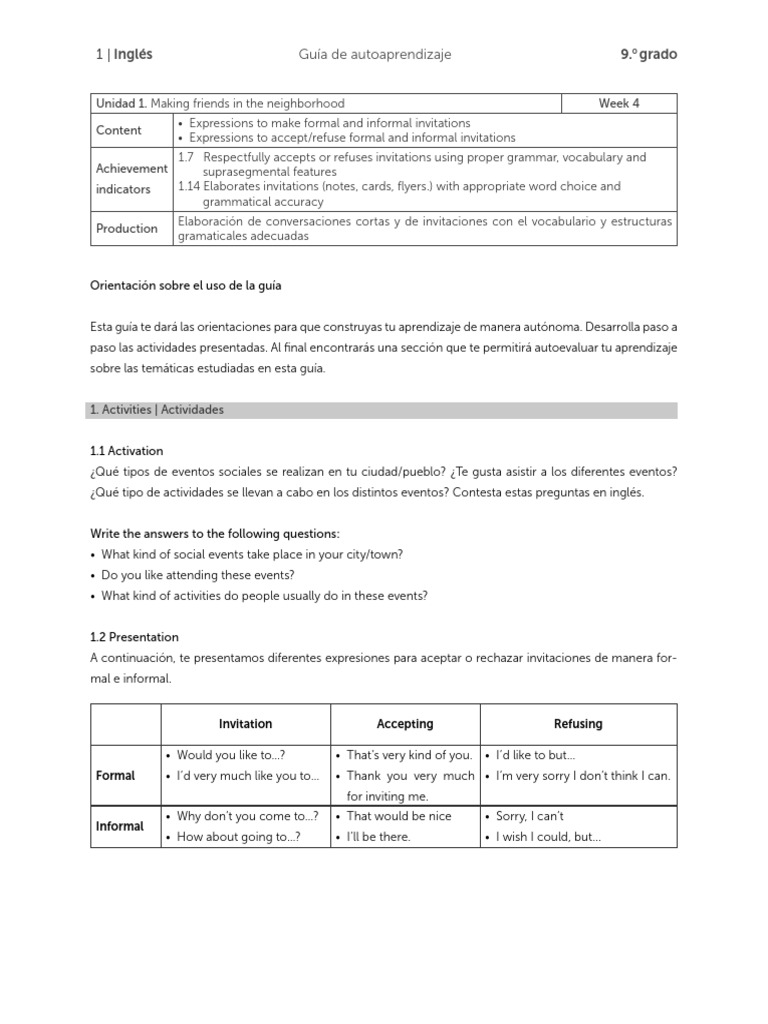 Guia Estudiante 9no Grado Ingles s4 Bn | PDF