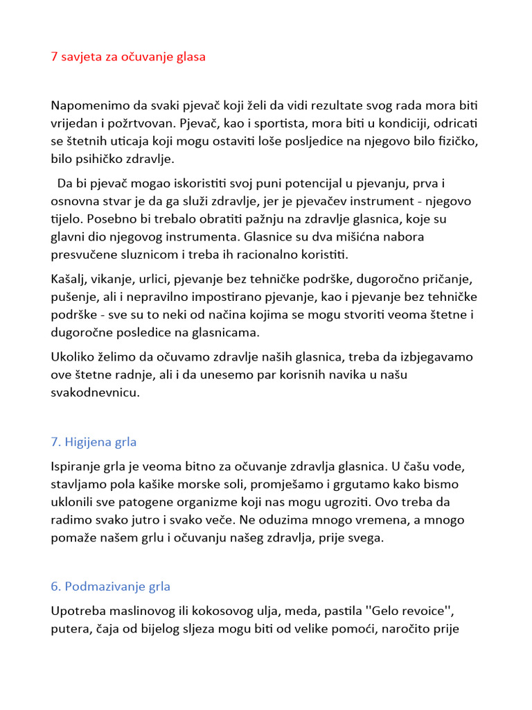 Savjeti Za Zdravlje Glasa I Divno Pjevanje | PDF