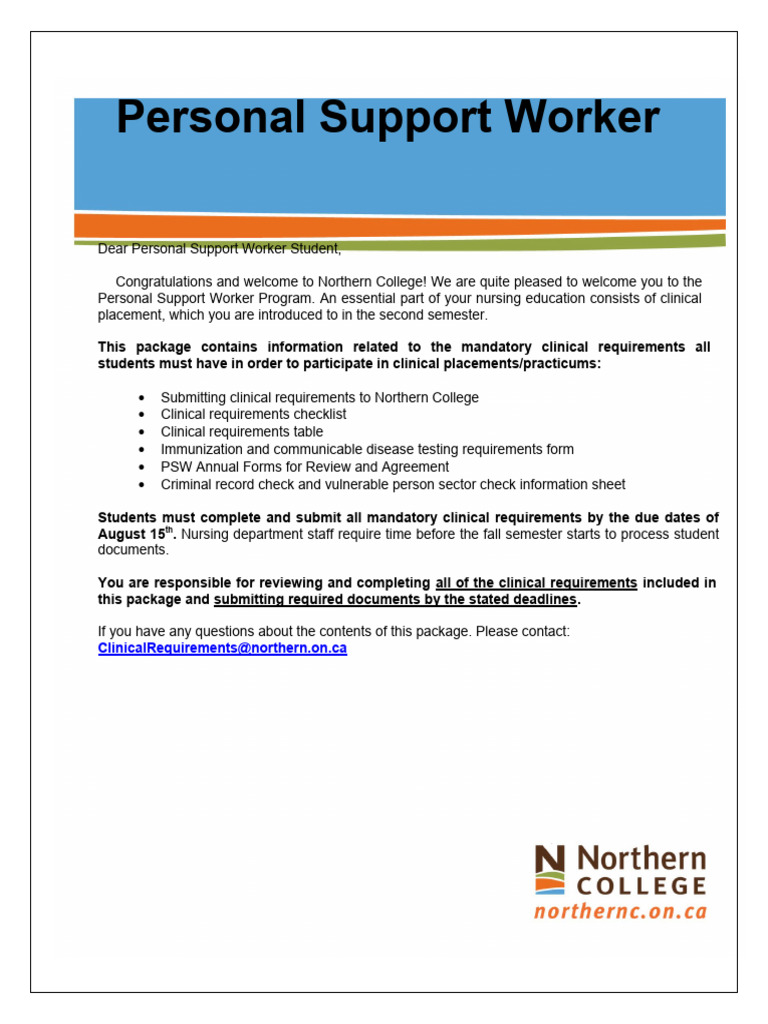 PSW Clinical Requirements Package Fall 2023 International | PDF ...