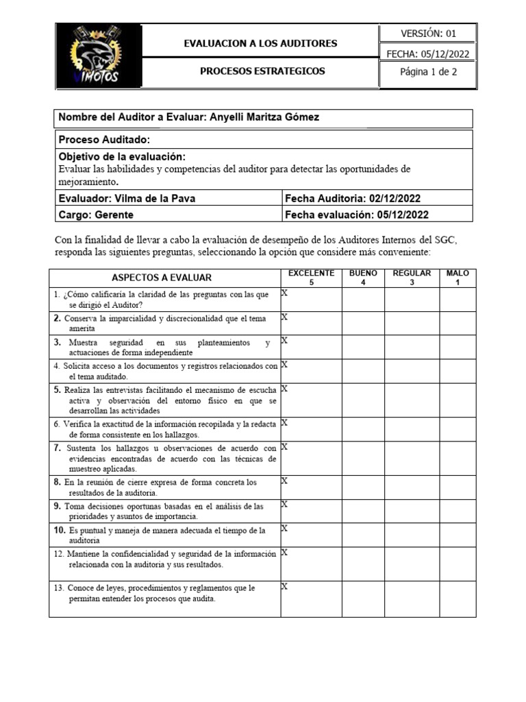 Proceso Auditado: Objetivo de La Evaluación: Nombre Del Auditor A ...