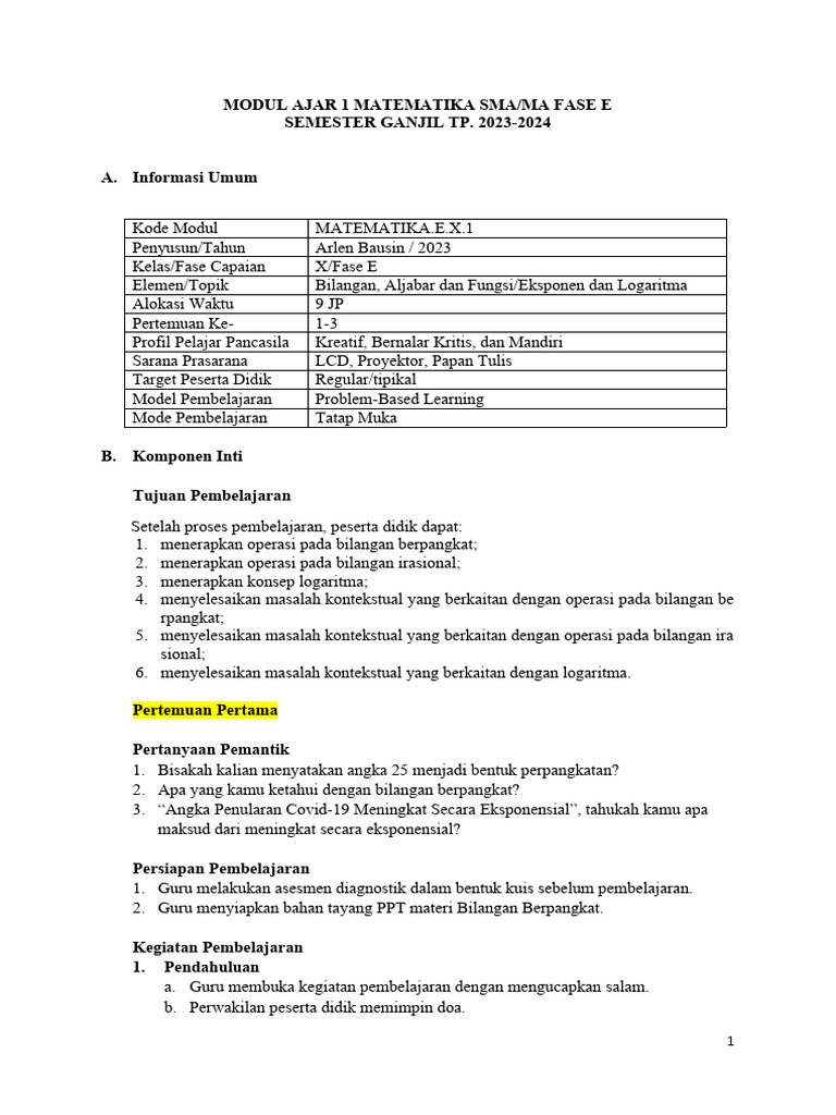 Modul Ajar 1 Matematika Sma Fase e | PDF | Karier & Perkembangan