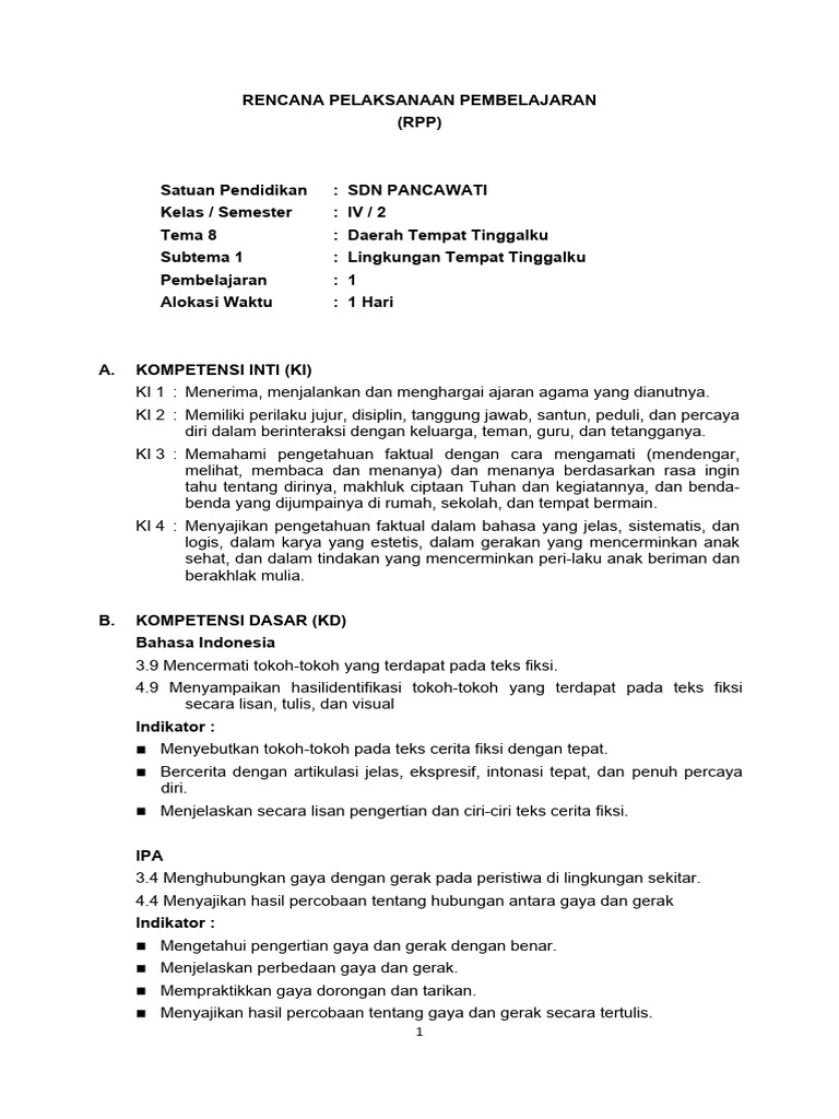 RPP Kelas 4 SD Tema 8 | PDF