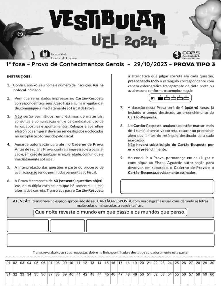 Prova Tipo 3: 1 Fase - Prova de Conhecimentos Gerais - 29/10/2023 | PDF