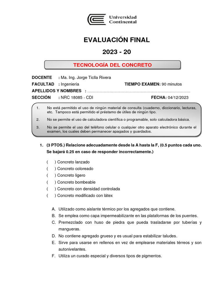 Ev. Final - NRC 18085 - Cdi - 2023-20 | PDF | Hormigón | Materiales