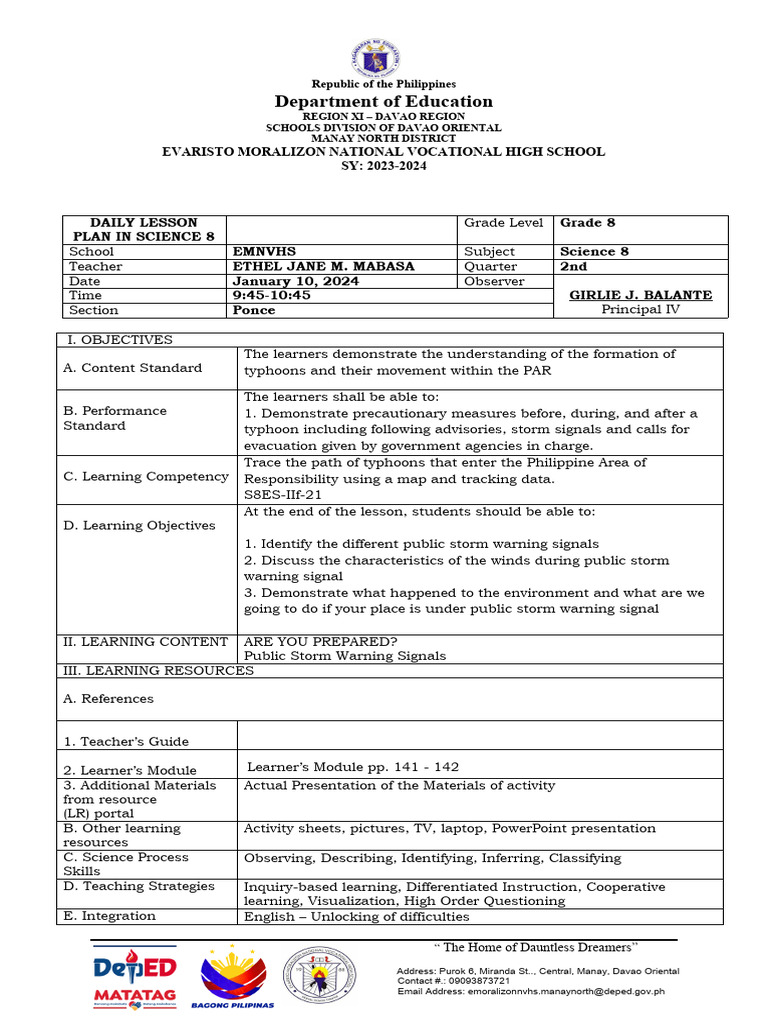 Science 8 Daily Lesson Plan: Typhoons | PDF | Weather Events | Disasters
