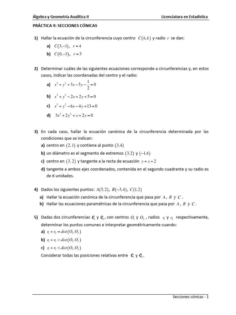 9 - Práctica-Secciones Cónicas | PDF | Elipse | Geometría analítica