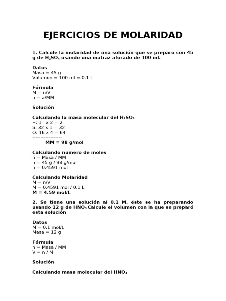 Ejercicios de La Molaridad | PDF | Mole (Unidad) | Química analítica