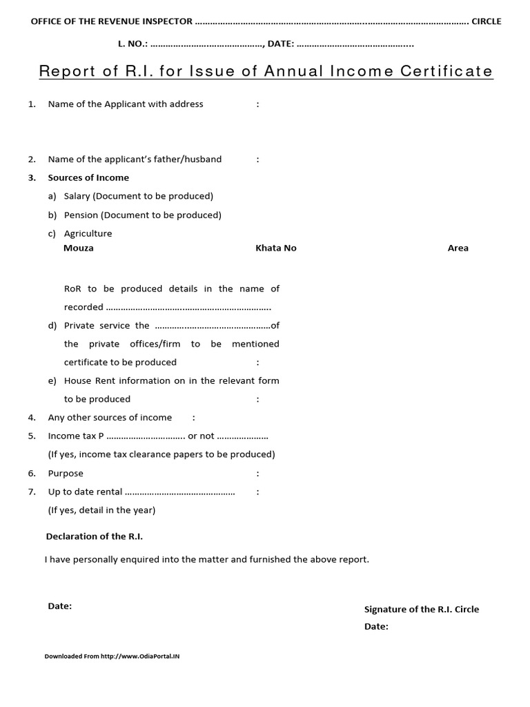 RI Report for Income Certificate Odisha | PDF