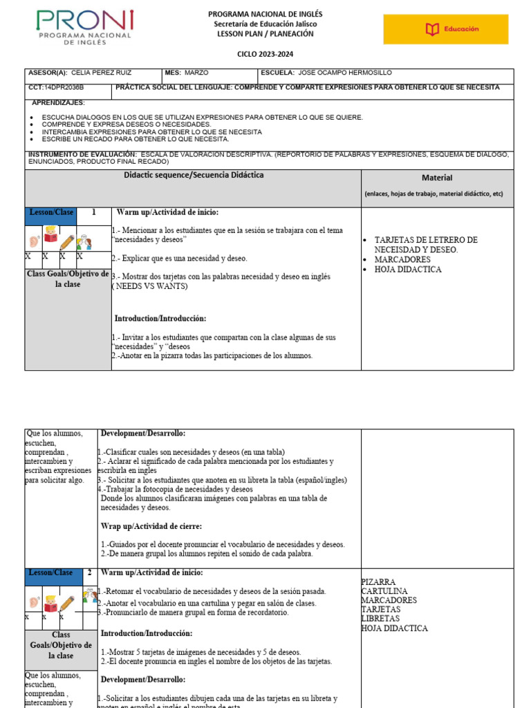 Planeacion de Ingles Proni Tercer Grado Soraya | PDF