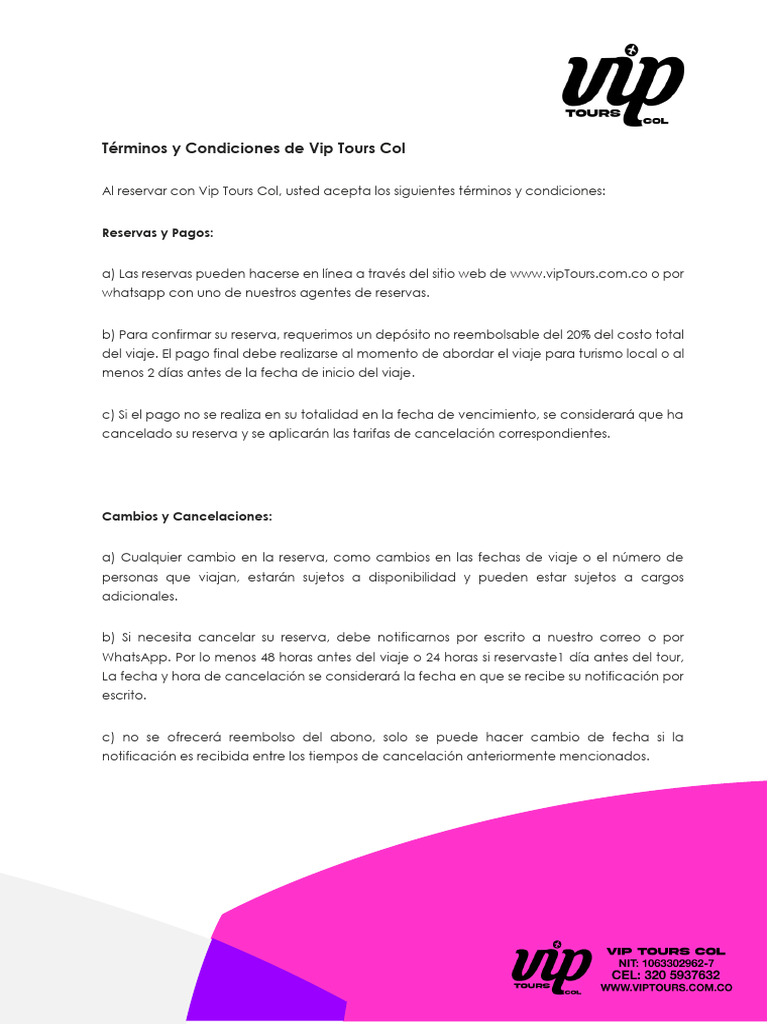 Terminos y Condiciones-Vip-Tours-Col - 2023 | PDF