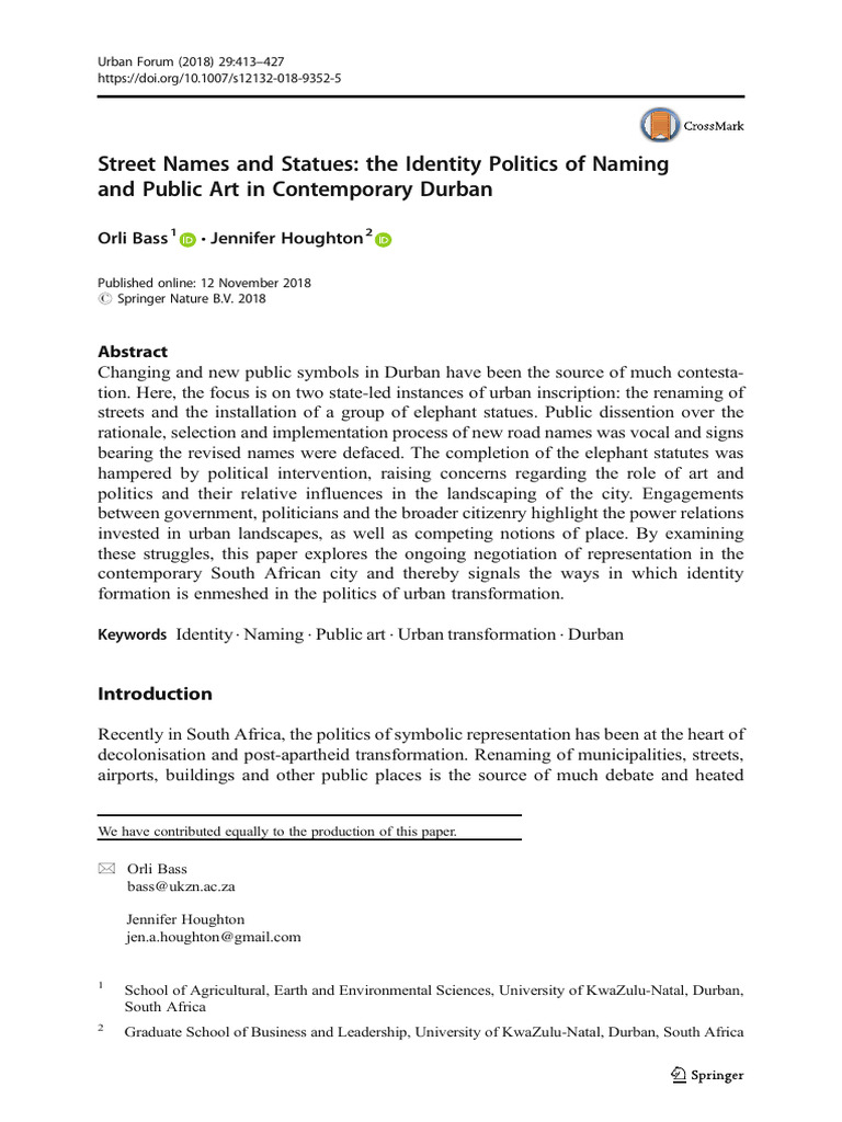 Bass 2018 Street Names and Statues The Identi | PDF | Apartheid | Durban