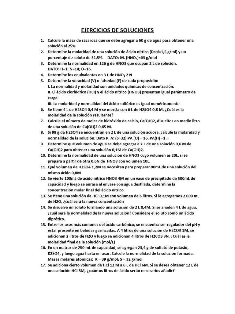 Ejercicios de Soluciones | PDF | Concentración | Ácido sulfúrico