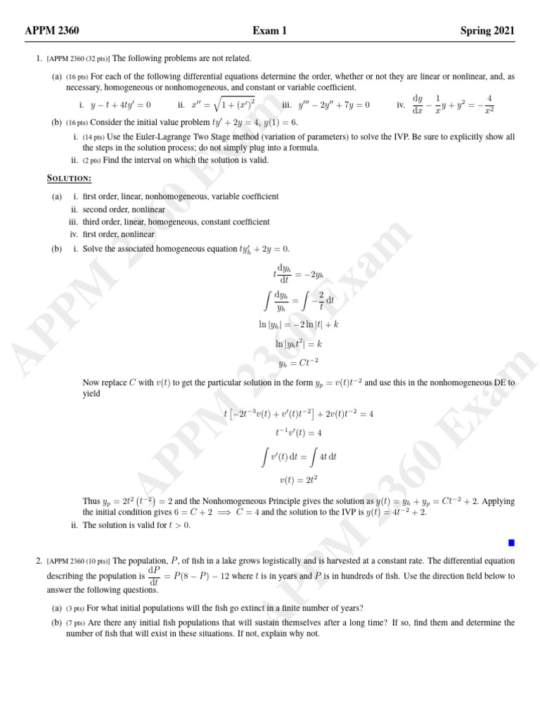 Archive Appm2360spring2021exam1 Sol | PDF | Ordinary Differential Equation | Nonlinear System