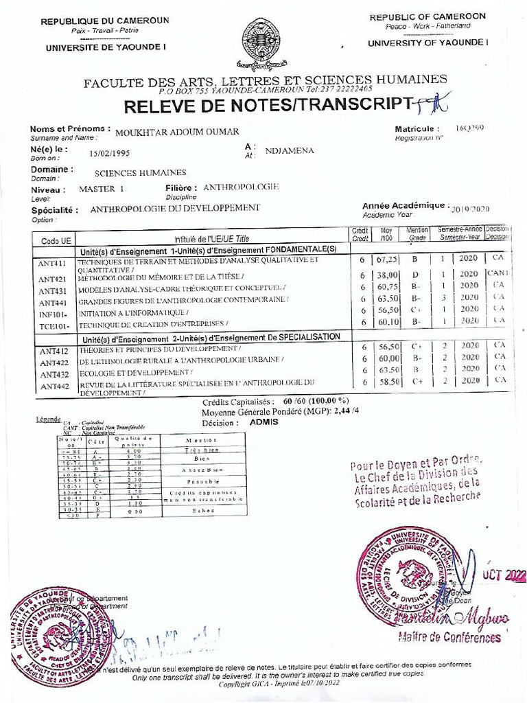 Rélevé de Note de Master 1 | PDF