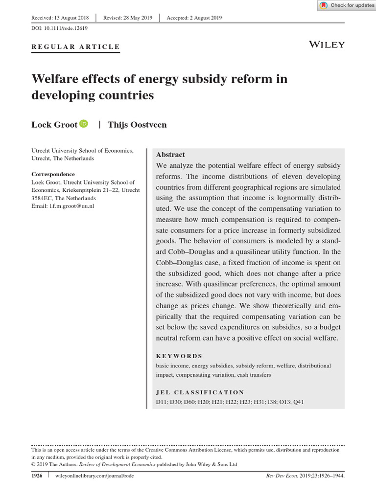 Review Development Economics - 2019 - Groot - Welfare Effects of Energy Subsidy Reform in ...