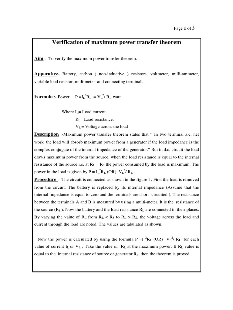 Maximum Power Transfer Theorem Lab | PDF | Electrical Resistance And ...