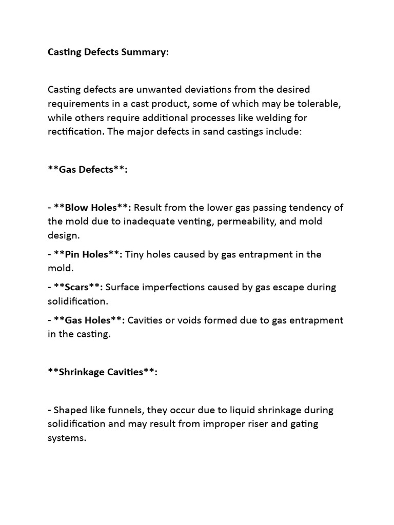 Casting Defects Summary | PDF